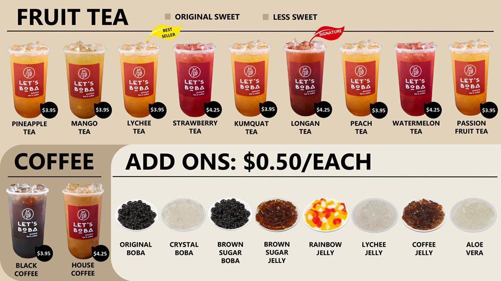 Menu at Let's Boba cafe, Westminster