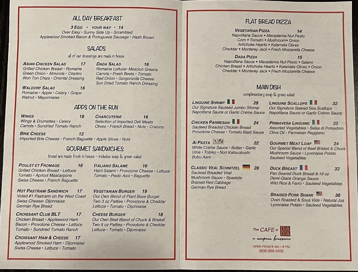 Menu at The Café at DaDa cafe, Honolulu