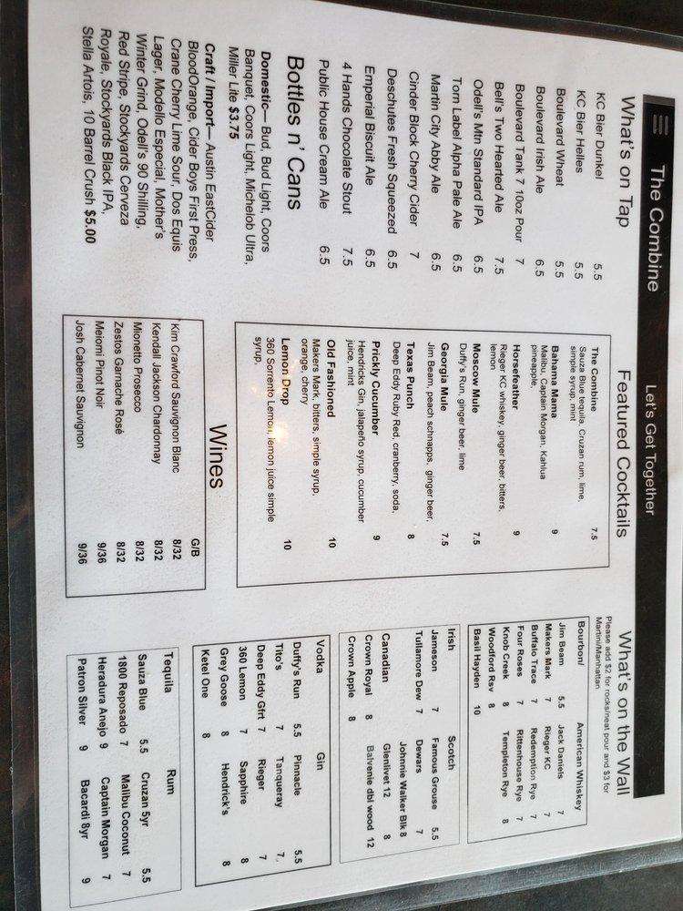 Menu at The Combine pub & bar, Kansas City