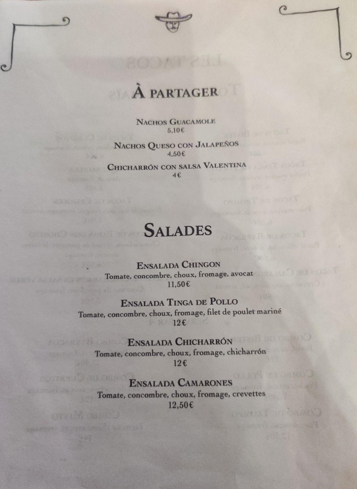 Carta del restaurante El Chingon, Paris