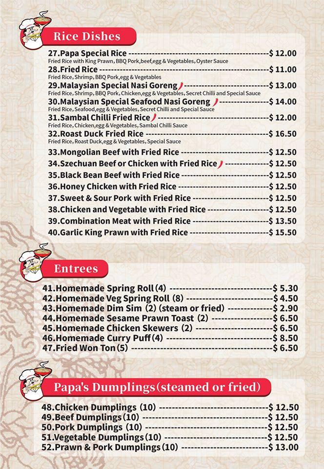 Menu at Papa's Rich Noodle restaurant, Deniliquin