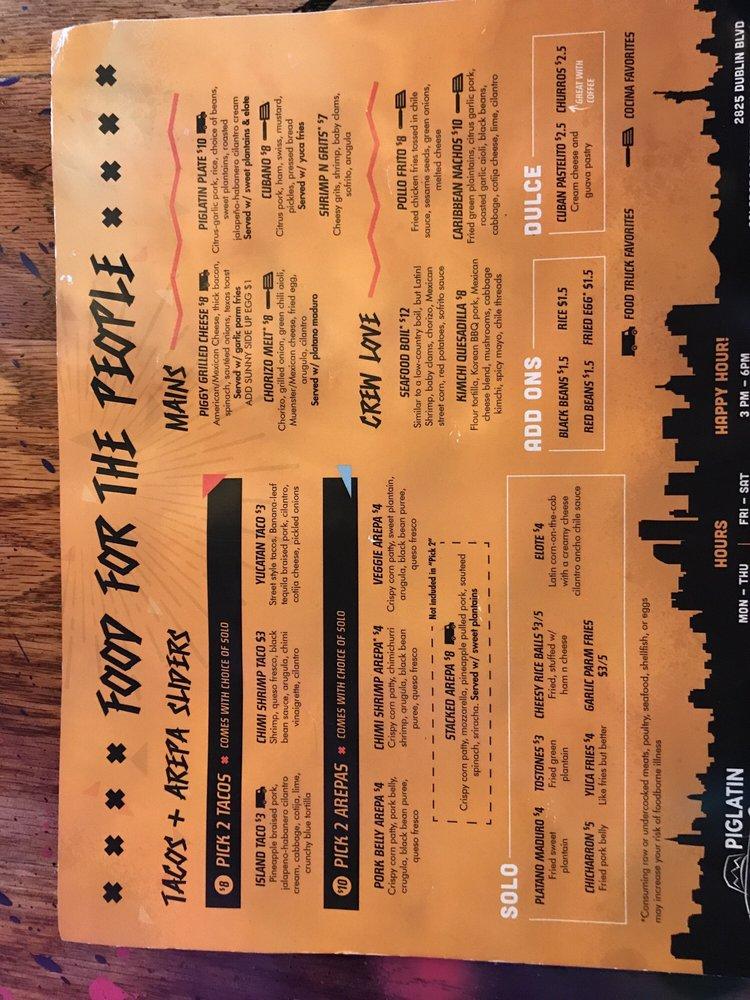 Menu at Piglatin Cocina pub & bar, Colorado Springs