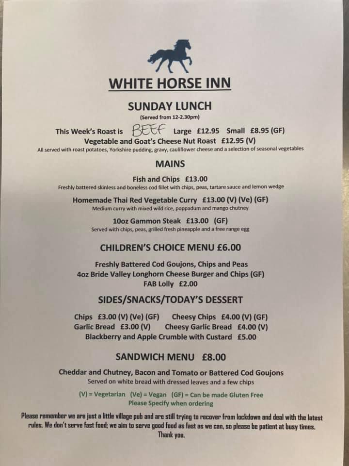 Menu at White Horse Inn pub & bar, Litton Cheney, Litton Ln