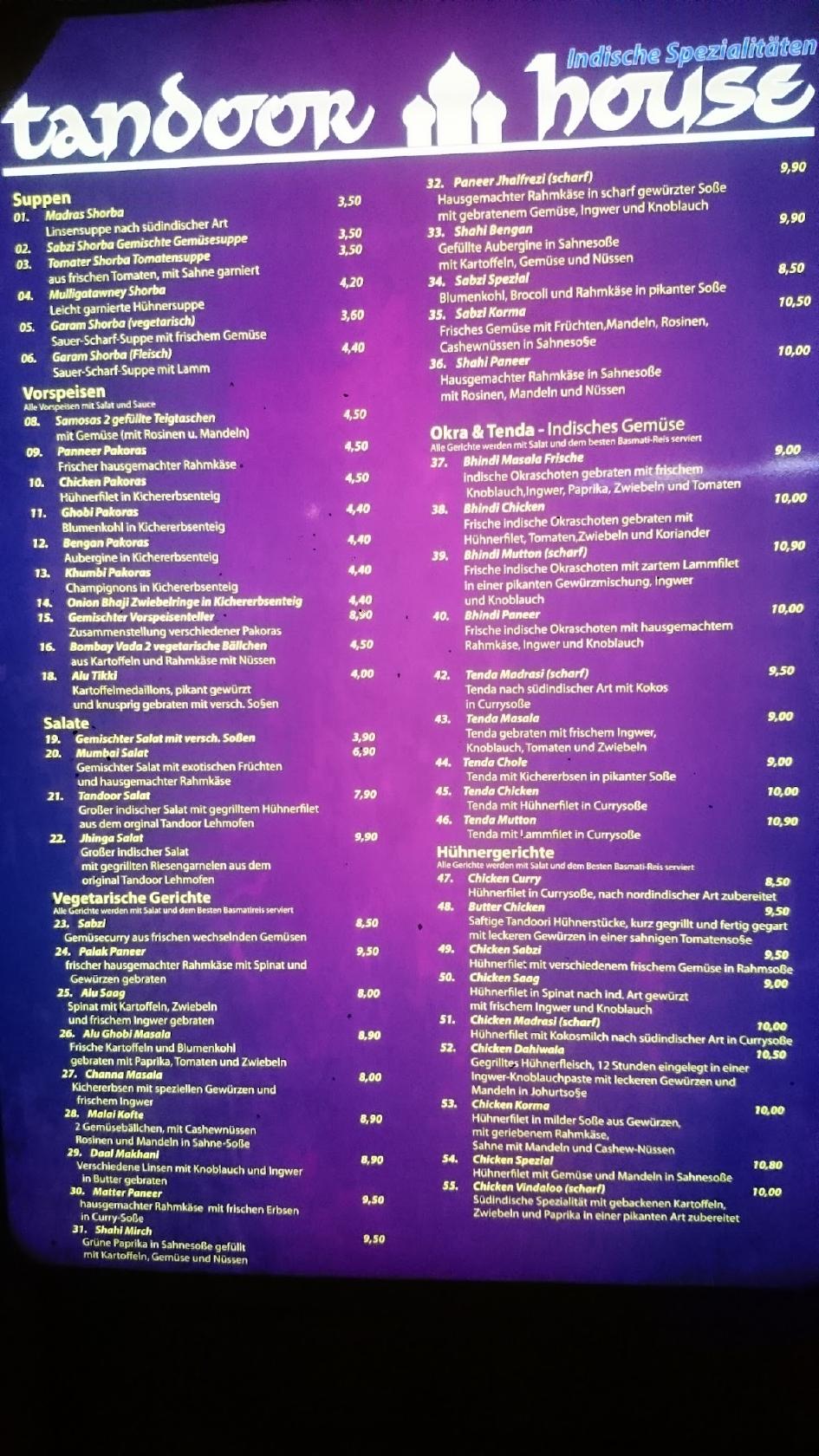 Menu at Tandoor House restaurant, Berlin, Spreestraße 27