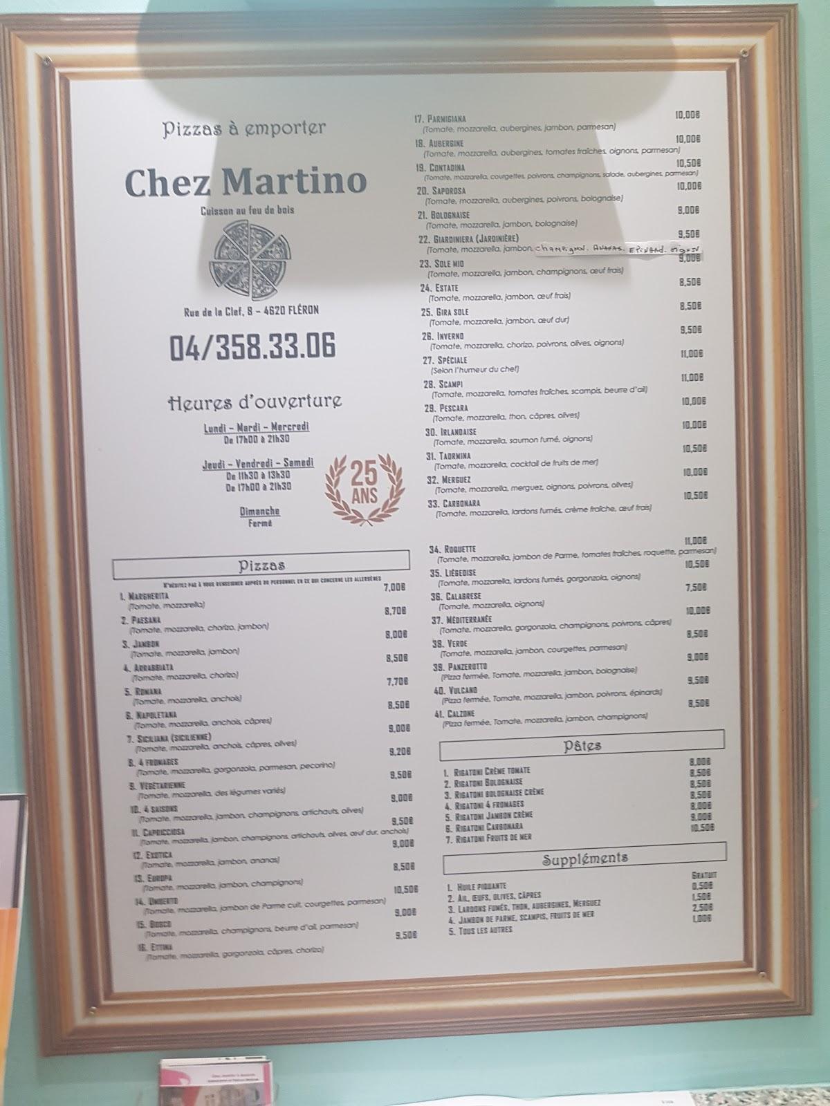Menu au Pizzeria Chez Martino, Fléron