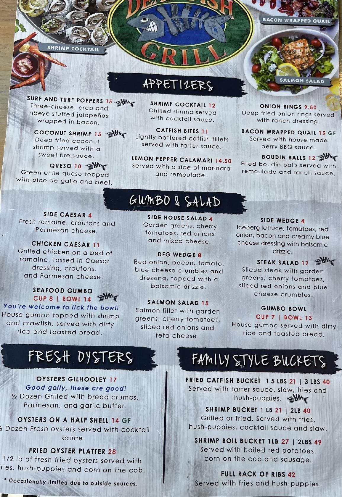 Menu at Dead Fish Grill restaurant, Belton