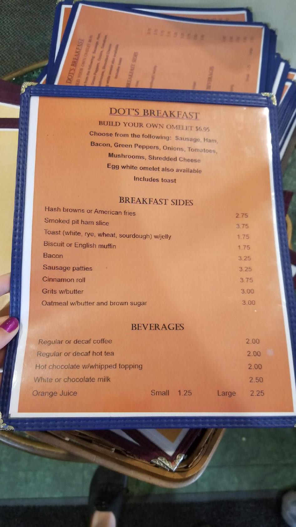 Menu at Dot's cafe, Vincennes
