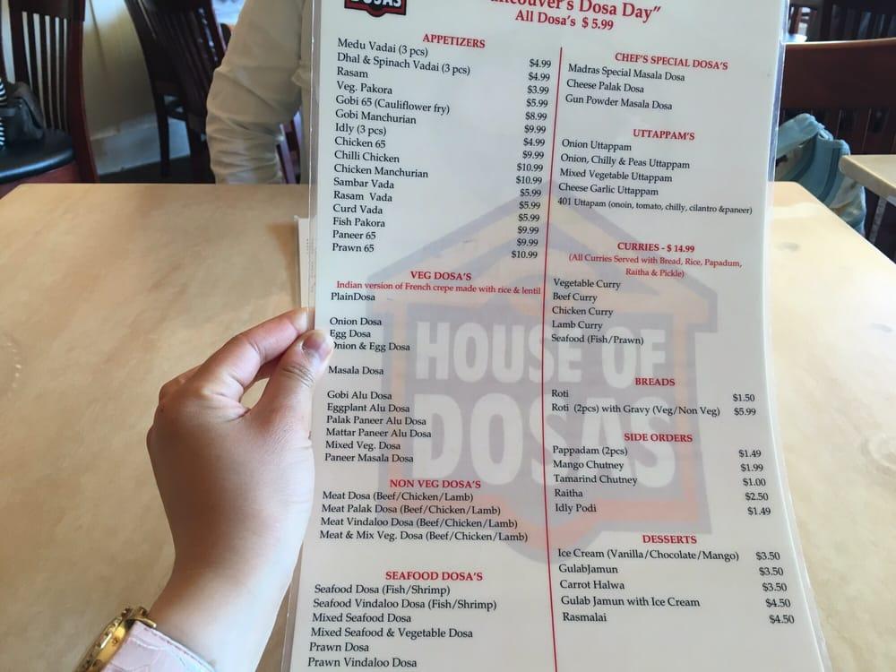 Menu at House Of Dosas restaurant, Vancouver
