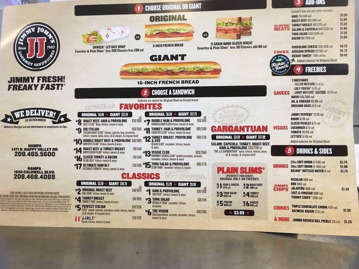 Menu at Jimmy John's fast food, Nampa, N Happy Valley Rd