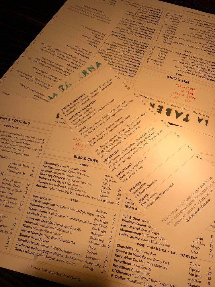 Menu at La Taberna pub & bar, Napa