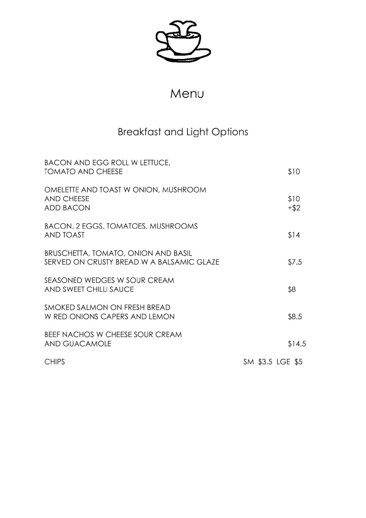 Menu at Ned's By The Bay cafe, Torquay