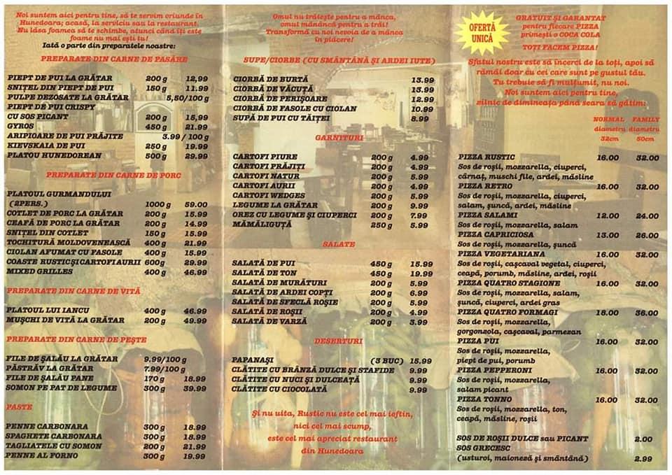 Menu at Rustic, Hunedoara