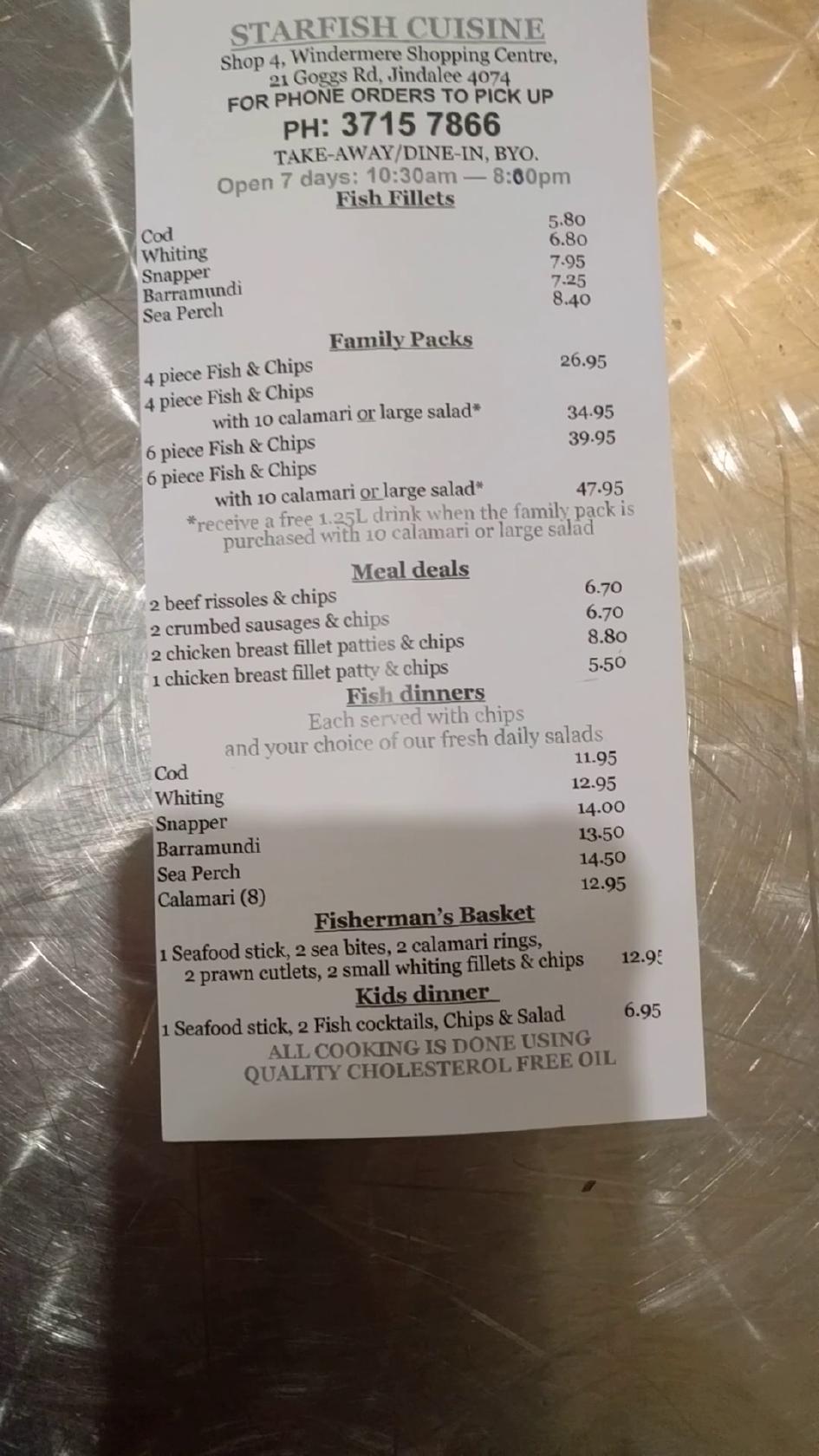 Menu at Starfish Cuisine restaurant, Jindalee