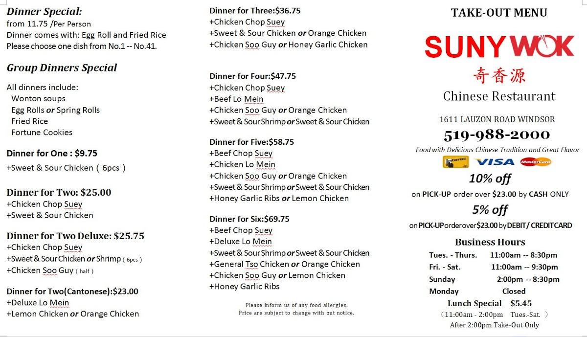 Menu at SUNY WOK Chinese Restaurant, Windsor
