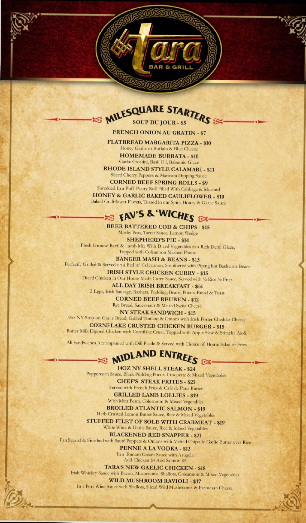 Menu at Tara Bar & Grill, Yonkers