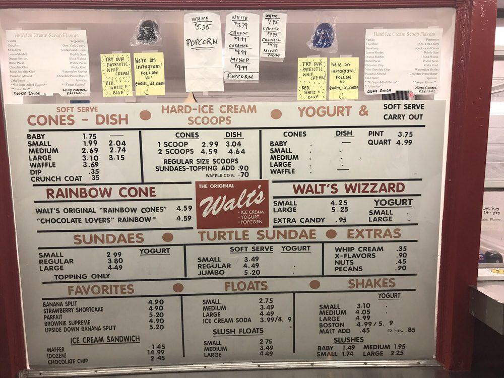 Menu at The Original Walt's Ice Cream restaurant, Joliet