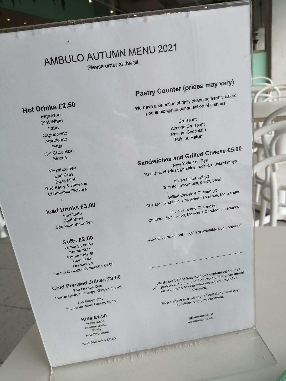 Menu at Ambulo cafe, Sheffield, 48 Arundel Gate