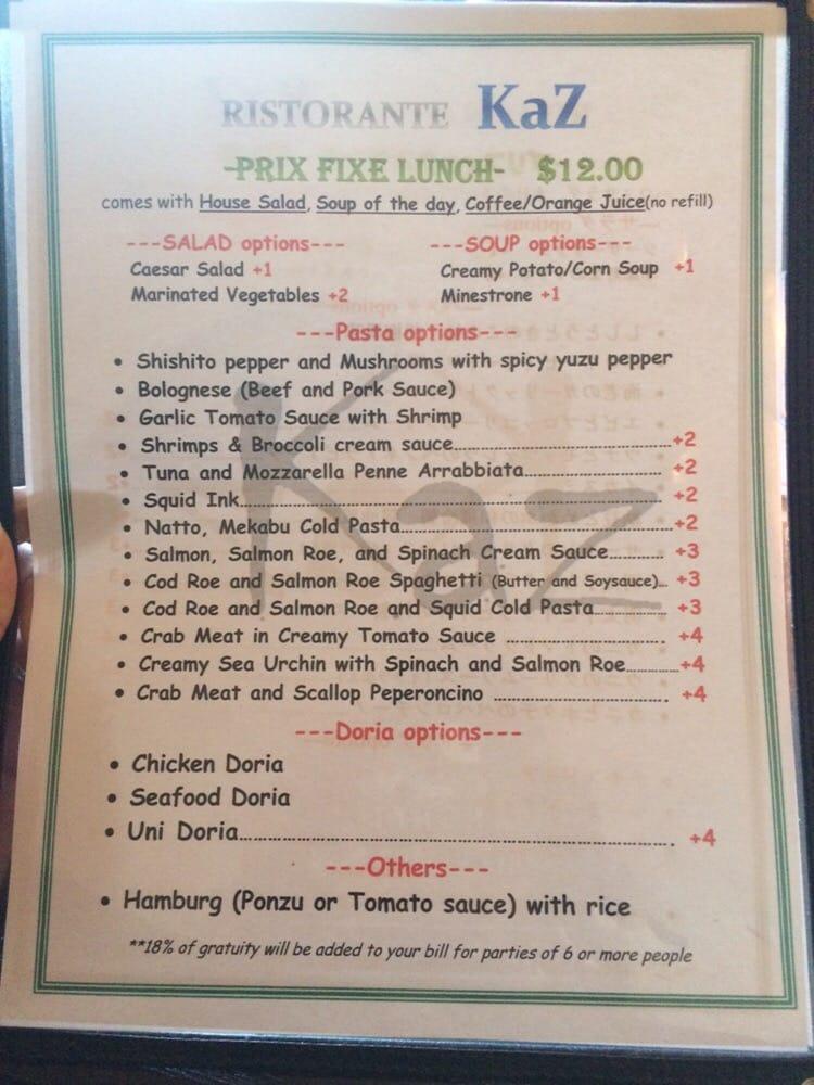Menu at Bistro Kaz restaurant, San Diego