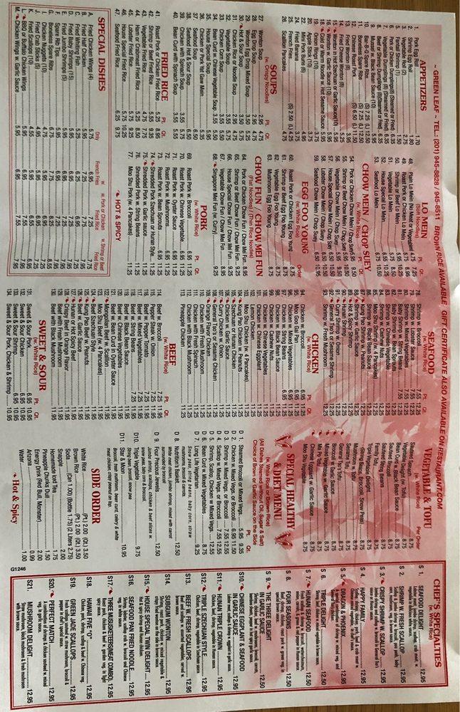 Menu at Green Leaf restaurant, Fairview