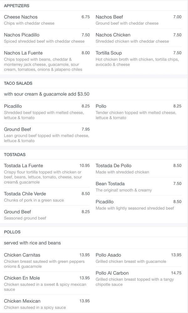 Menu at La Fuente restaurant, Renton, SE Petrovitsky Rd