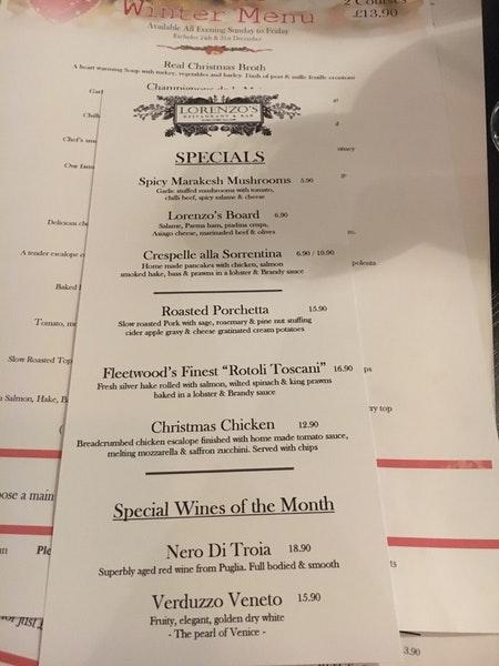Menu at Lorenzos Restaurant, Freckleton
