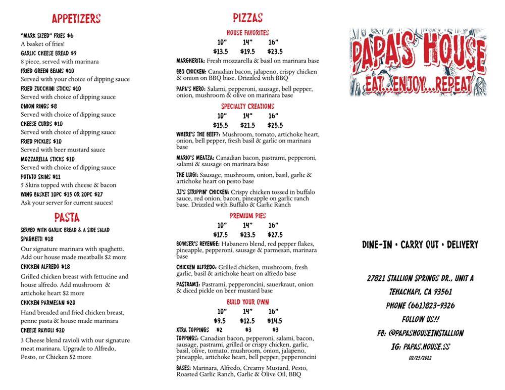 Menu at Papa’s House pizzeria, Tehachapi