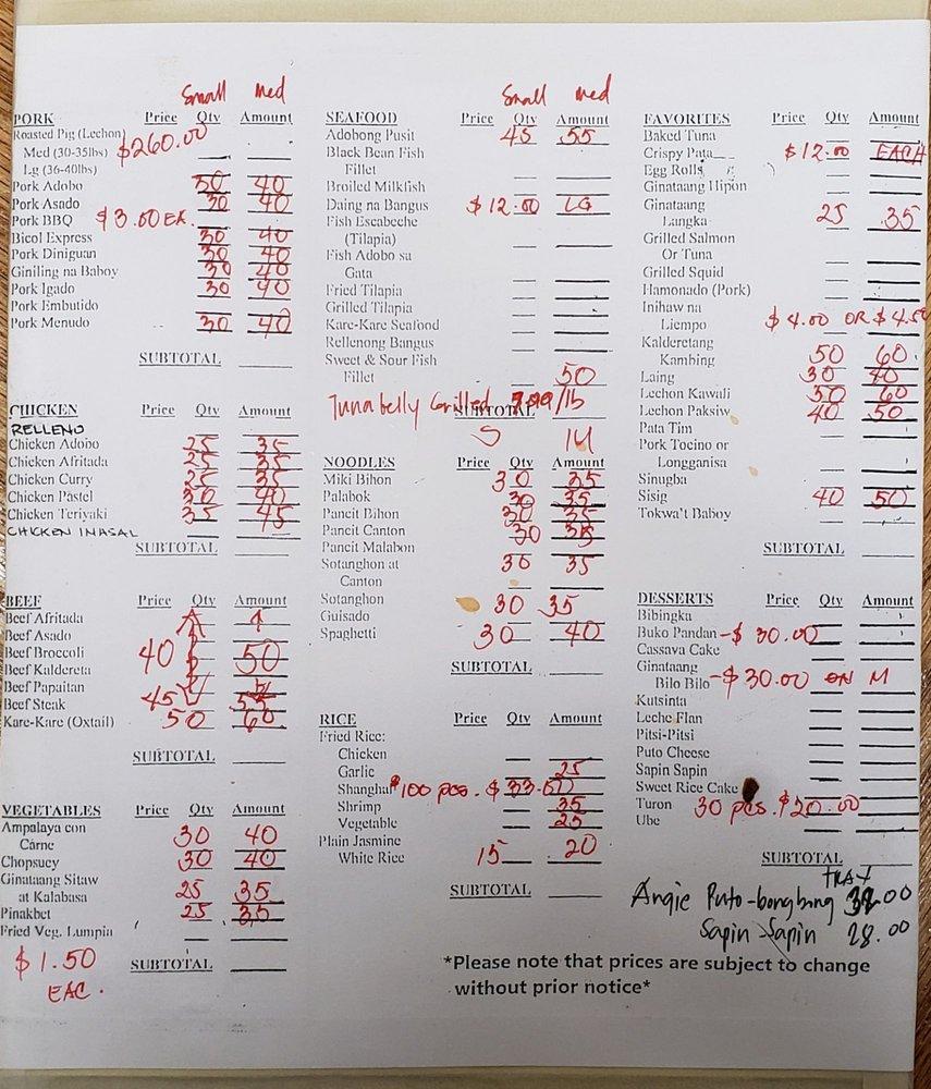 Menu at Sariling Atin BBQ, Jersey City