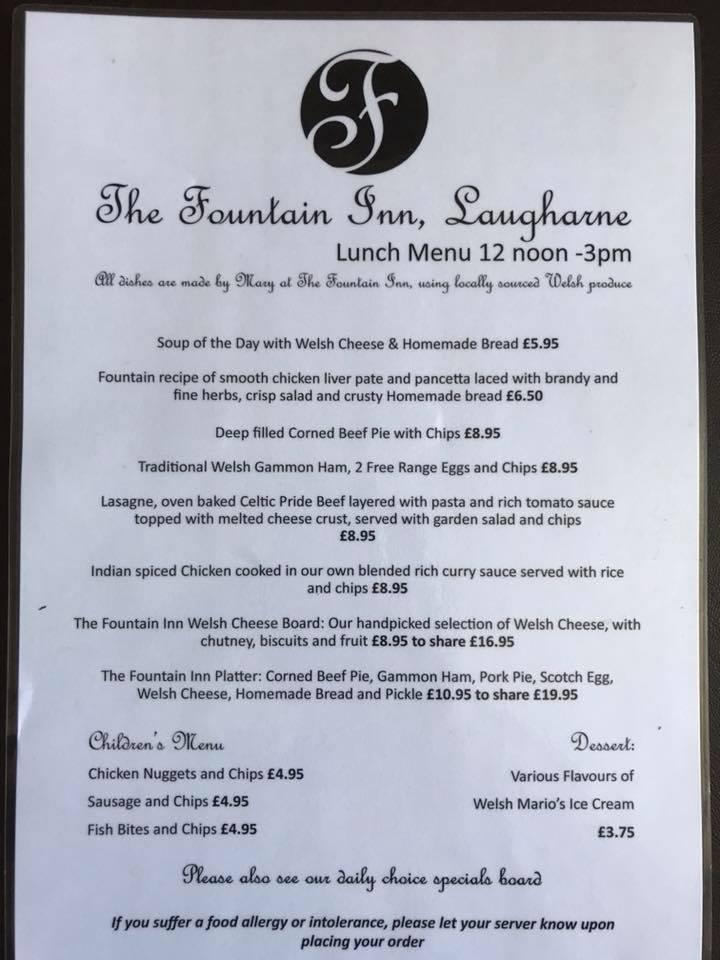 Menu at The Fountain Inn pub & bar, Laugharne