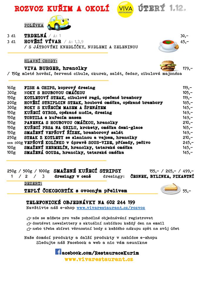 Menu at VIVA restaurant, Kurim