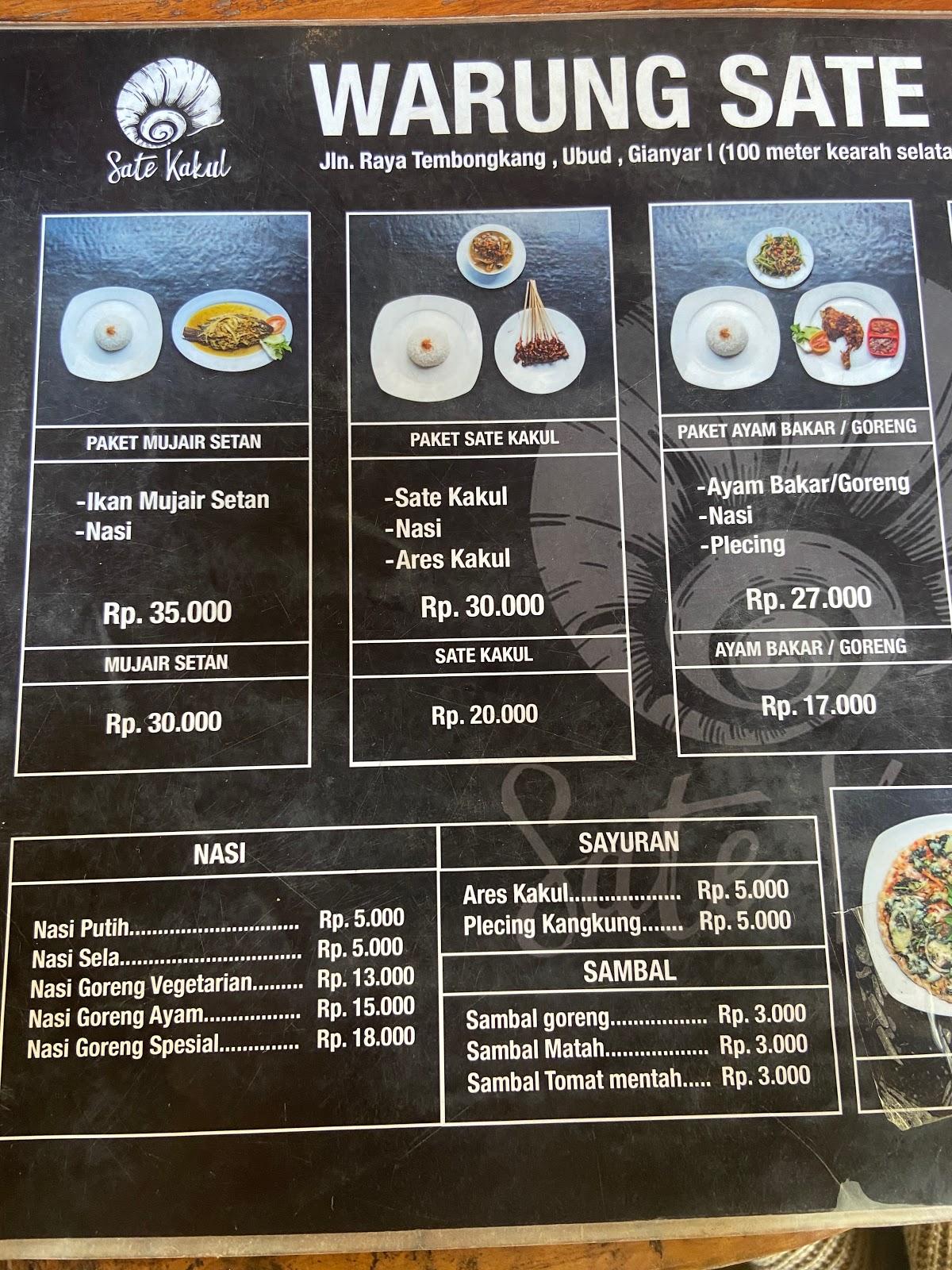 Menu at Warung Sate Kakul restaurant, Ubud