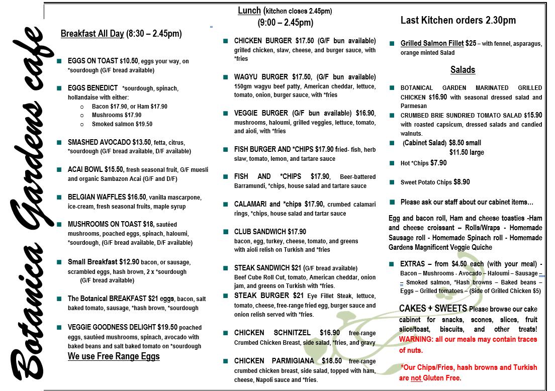 Menu at Botanic Gardens Cafe, Mount Coot-Tha