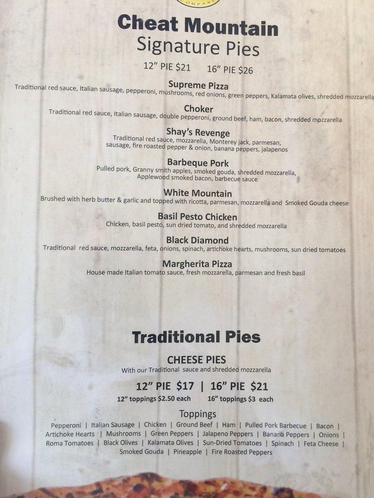 Menu at Cheat Mountain Pizza pizzeria, Snowshoe