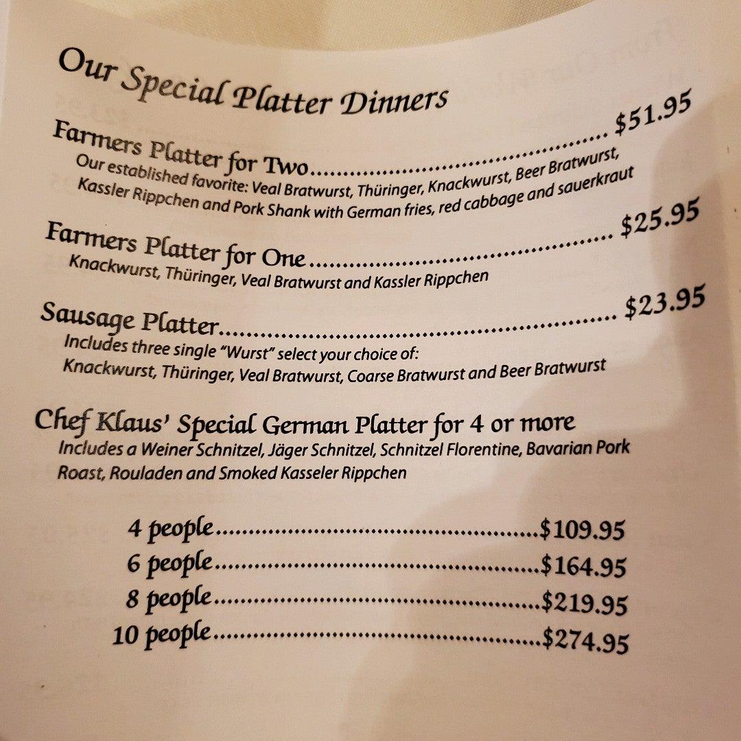 Menu at Chef Klaus' Bier Stube restaurant, Frankfort