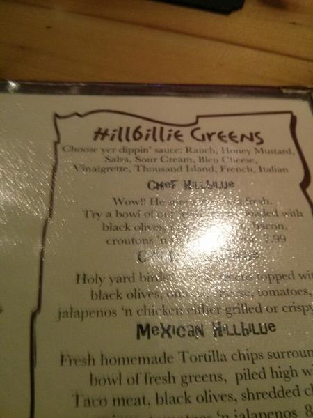 Menu at Hillbilly Vittles pub & bar, Erhard