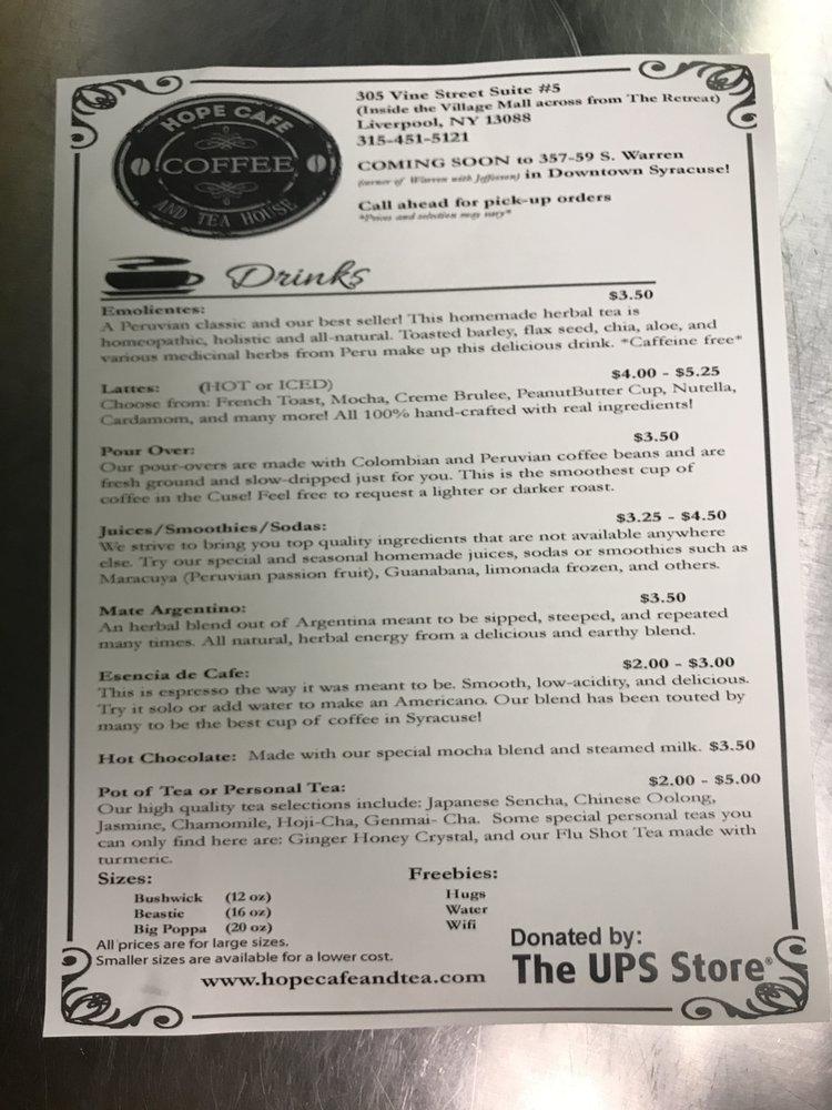 Menu at Hope Cafe, Liverpool