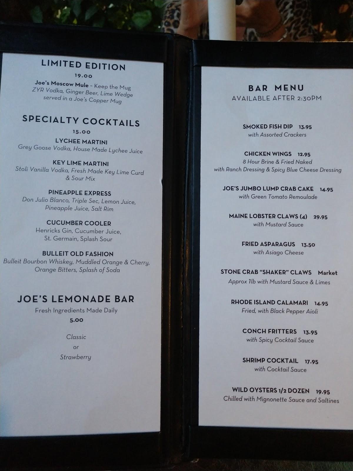 Menu at Joe's Stone Crab pub & bar, Miami Beach
