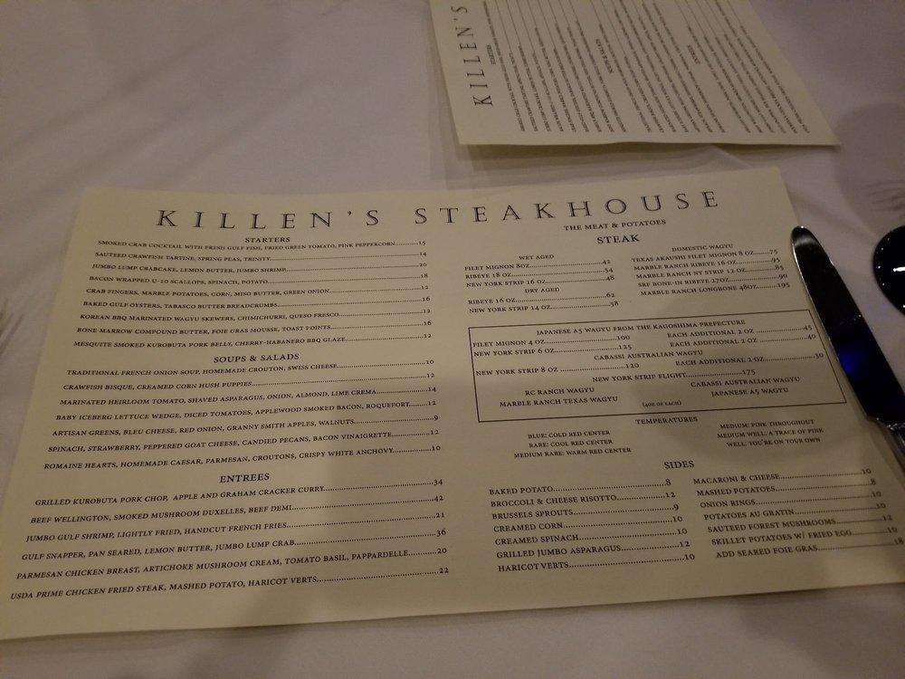 Menu at Killen's Steakhouse, Pearland, Broadway St