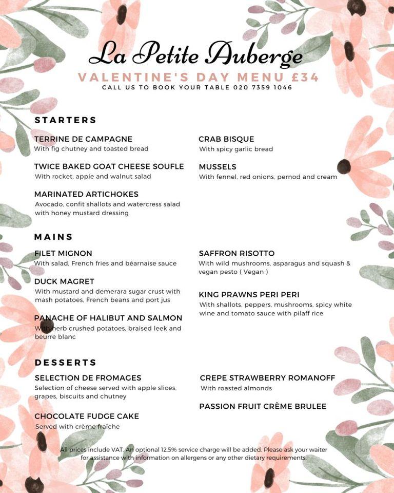Menu at La Petite Auberge restaurant, London, 283-284 Upper St