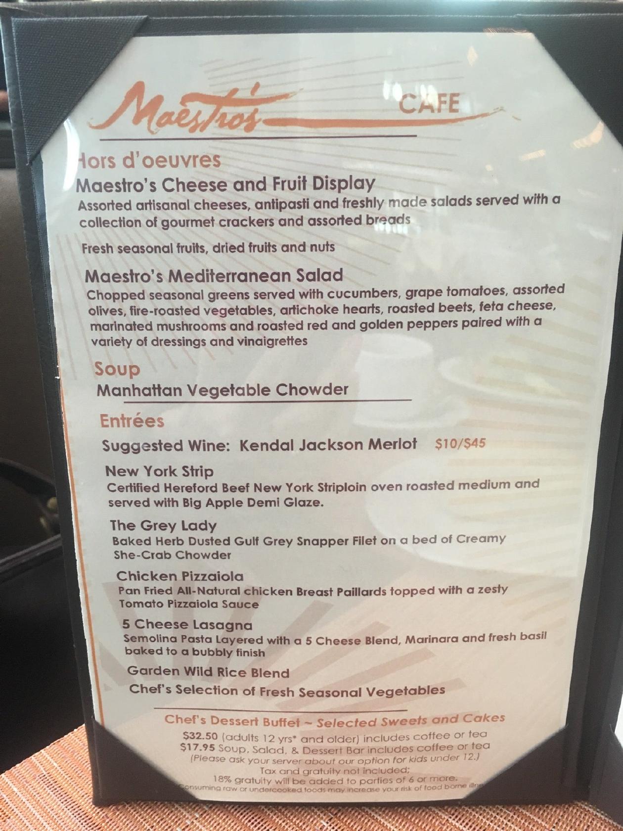 Carta de Maestro's Restaurant, Tampa