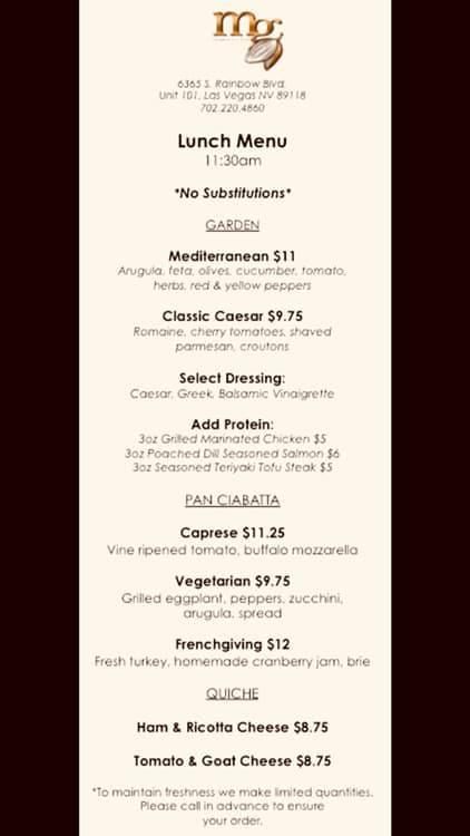 Menu at Mg Patisserie and Cafe, Las Vegas