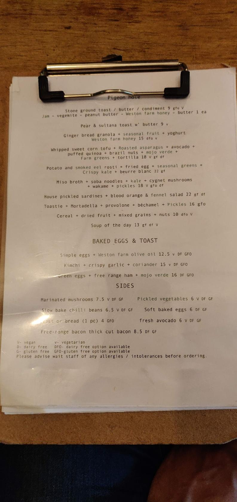 Menu at Pigeon Hole restaurant, West Hobart