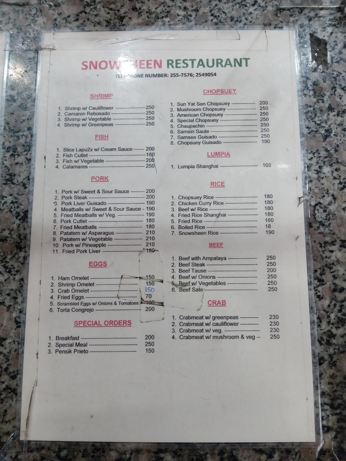Menu at Snowsheen Restaurant, Cebu City