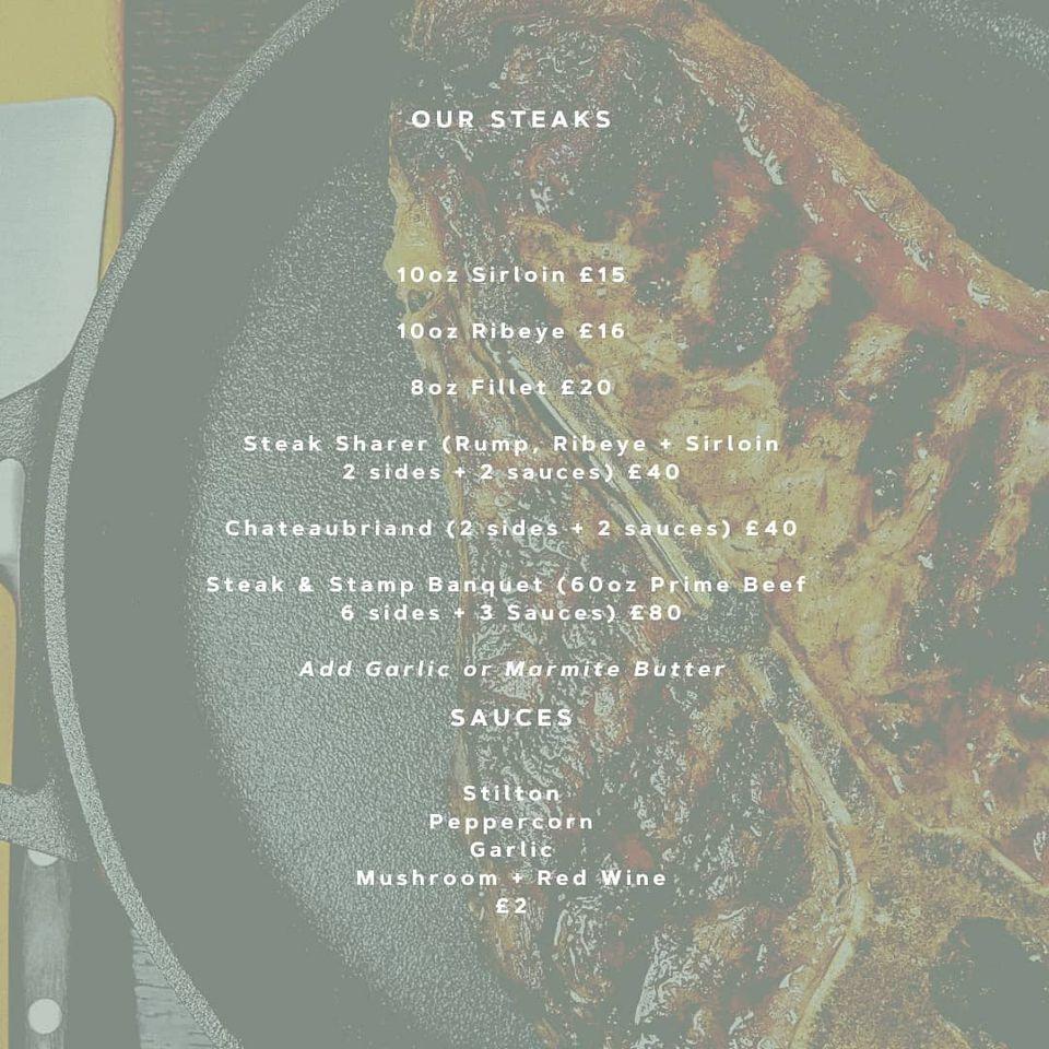 Menu at Steak and Stamp restaurant, Pencoed