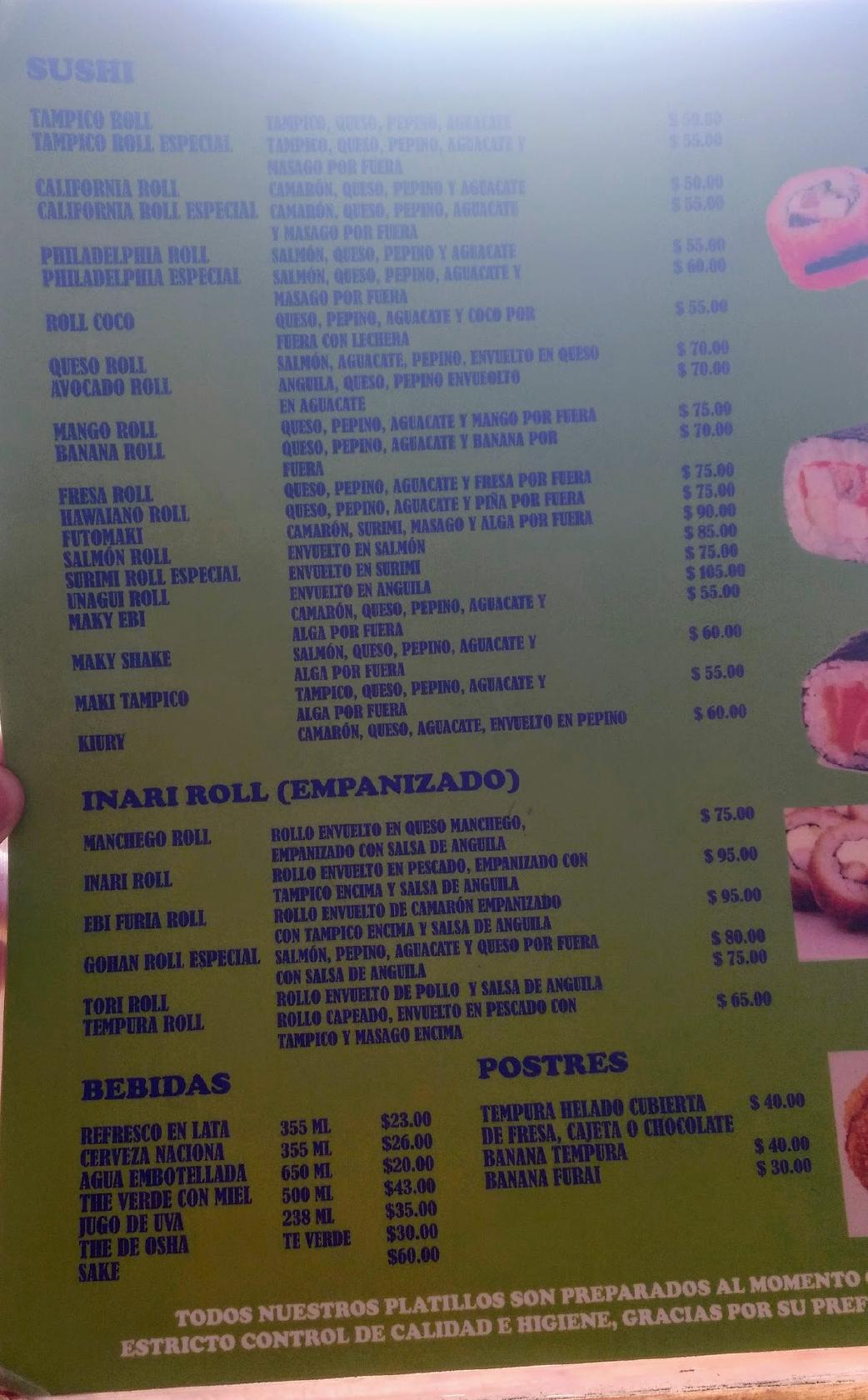 Menu at Sushi Gohan restaurant, Mexico City, Fernando Ramírez 48