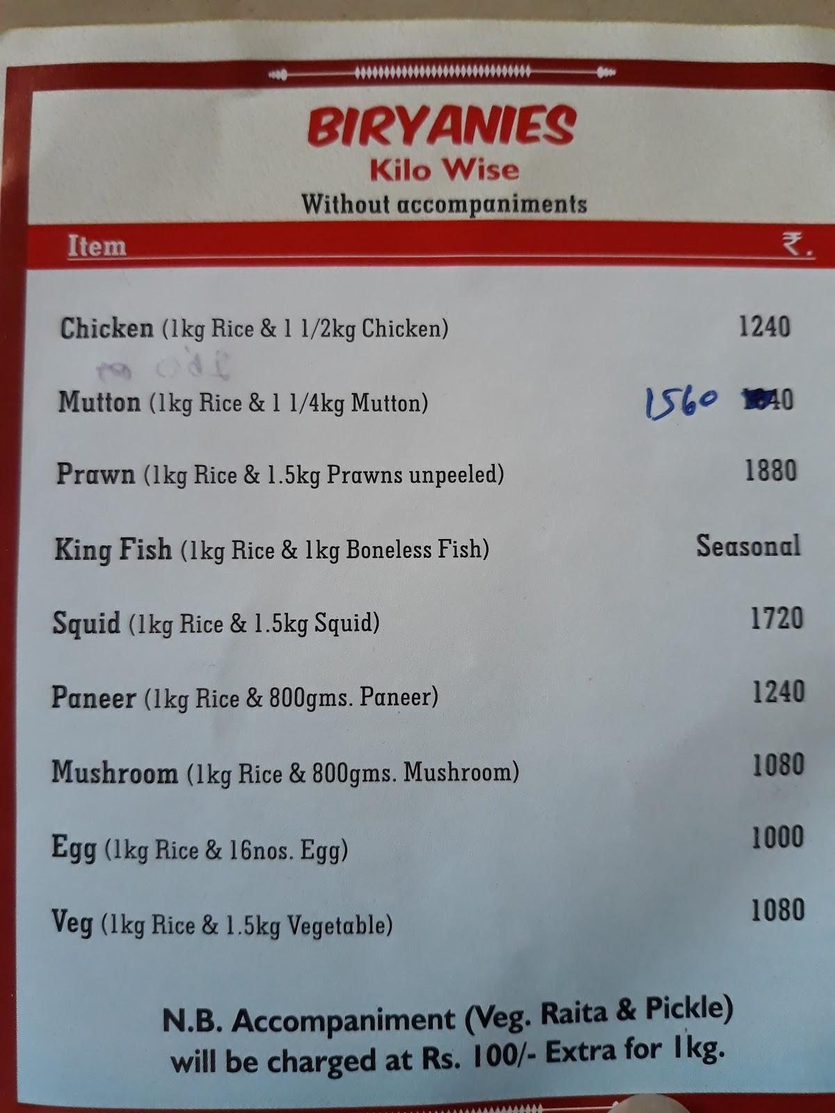 Menu at Biryani Palace, Pilerne, BB Borkar Road