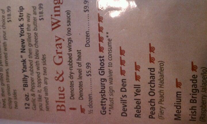 Menu at Blue & Gray Bar & Grill, Gettysburg