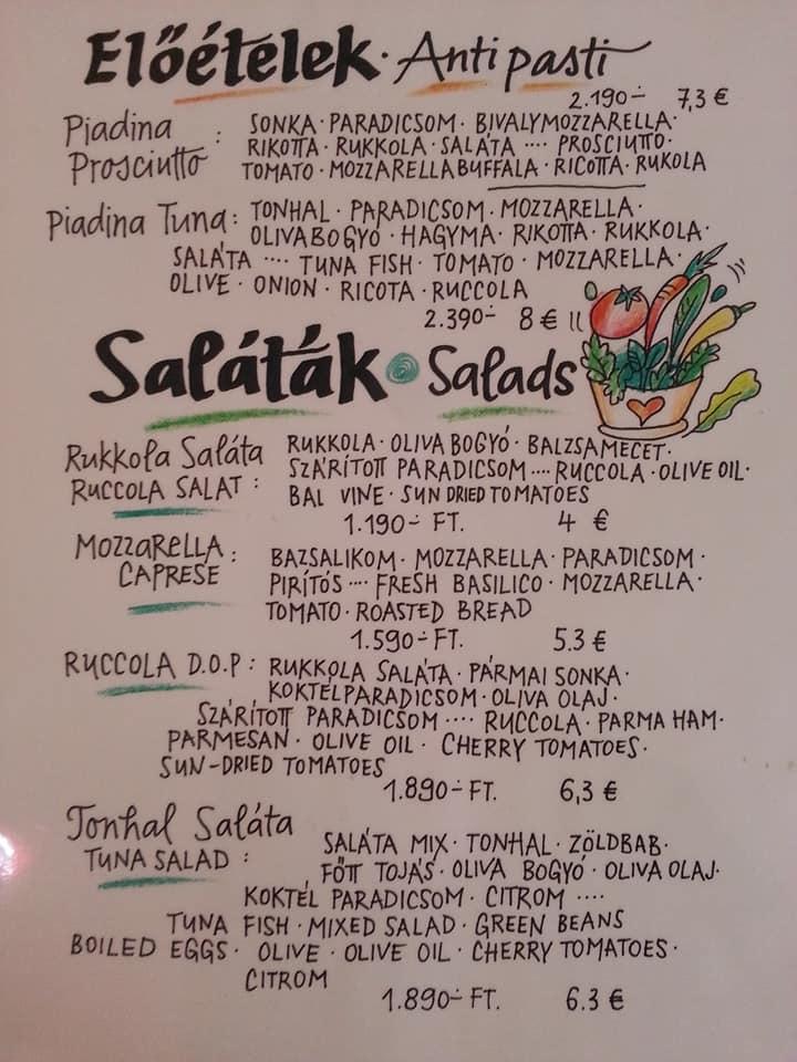 Menu at Ciao Bella restaurant, Budapest