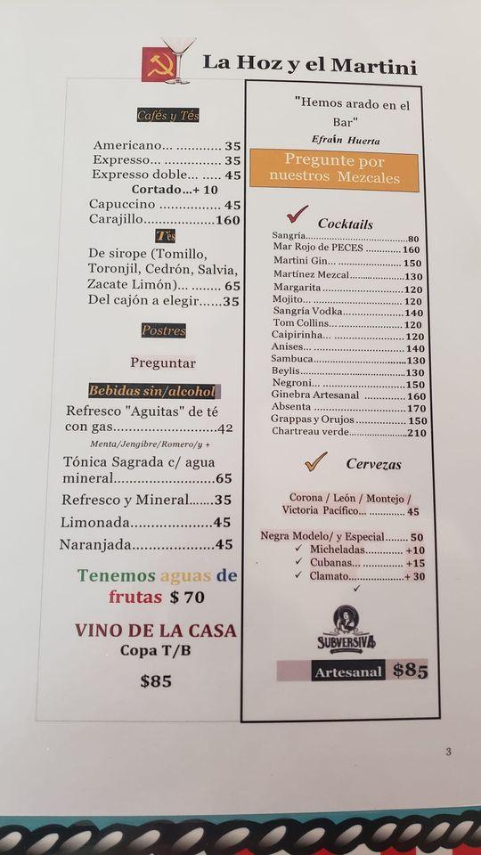 Menu at Peces restaurant, Mexico City, Jalapa 237