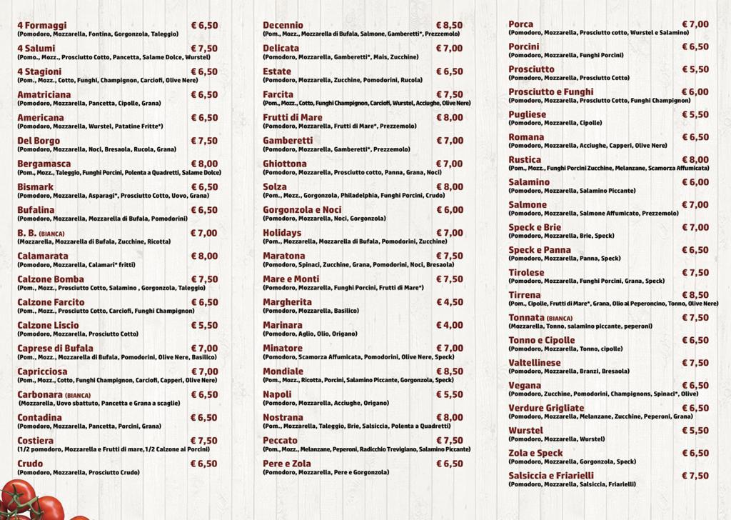 Menu da Pizzeria del Borgo, Solza