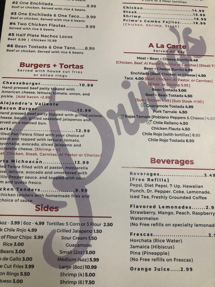 Menu at Primo's Modern Mexican Restaurant, Omaha